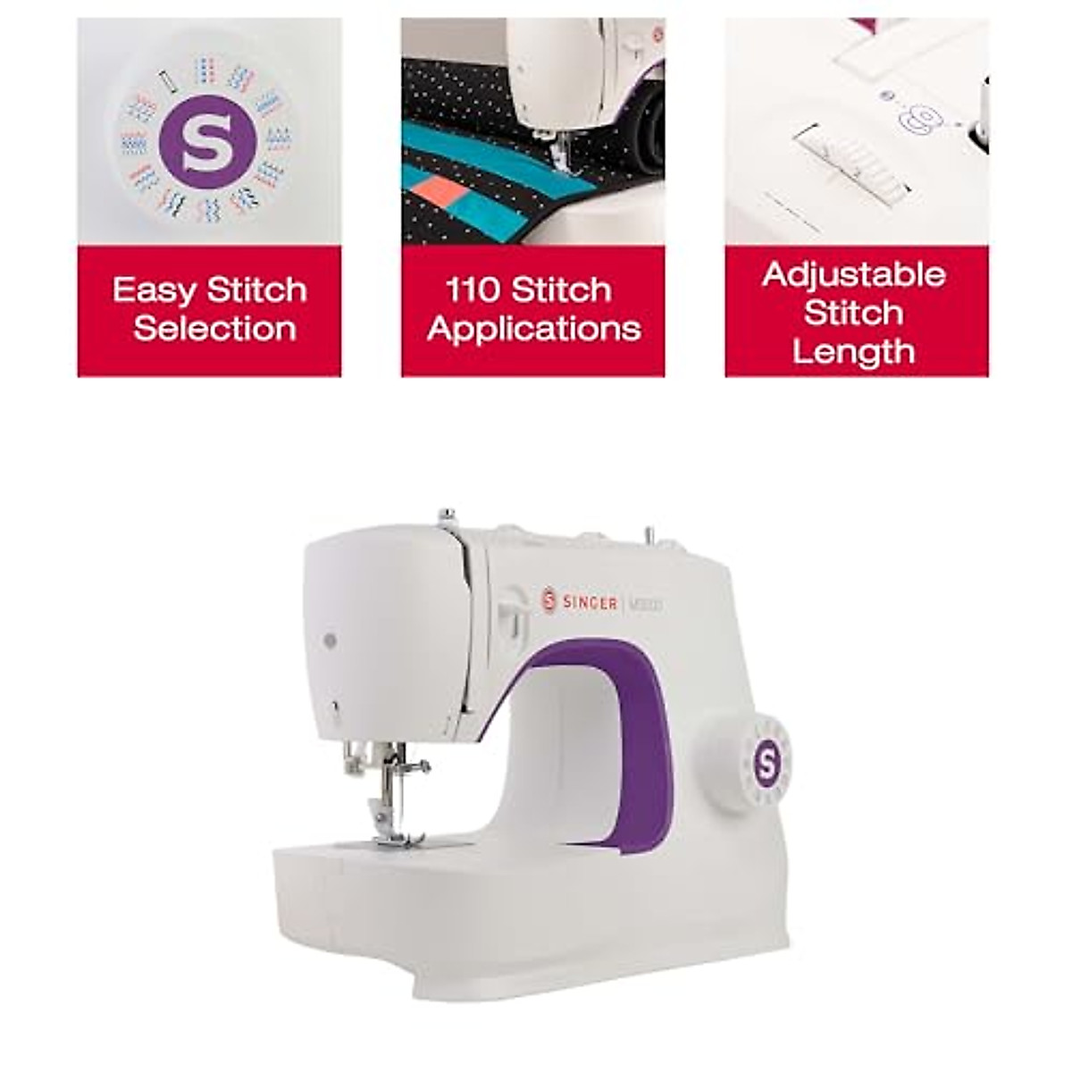 SINGER M3500 Lightweight & Portable Sewing Machine with Accessory Kit | 110 Stitch Applications, LED Light & 1-step Buttonhole | Great for Quilting, Crafts & Mending