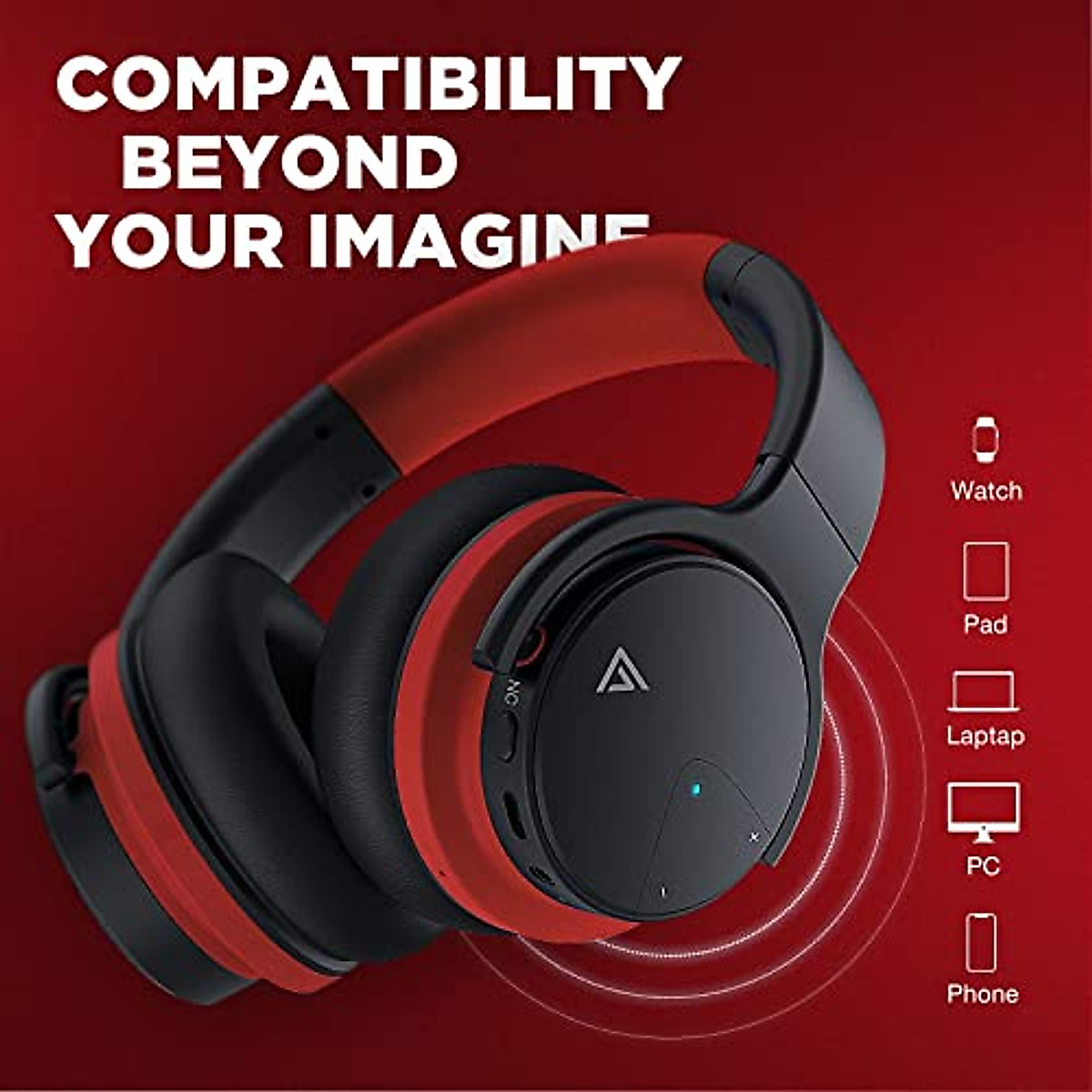 PurelySound E7 Active Noise Cancelling Headphones, Wireless Over Ear Bluetooth Headphones, 20H Playtime, Rich Deep Bass, Comfortable Memory Foam Ear Cups for Travel, Home Office - Red