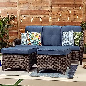 MeetLeisure Patio Furniture Set 3-Piece Wicker Outdoor Furniture Conversational Sets with 3-Seat Sofa, 2 Ottoman Patio Rattan Wicker Sectional Sofa Set with Waterproof Cover, Blue