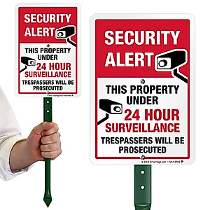 SmartSign Security Alert - This Property Under 24 Hour Surveillance, Trespassers Will Be Prosecuted Sign for Lawn | 21” Tall Stake & Sign Kit