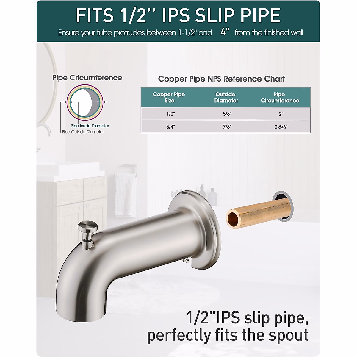 LOCALAND Slip-On Extra Long Tub Spout with Diverter, 1/2 Inch Slip Fit Connection,Brushed Nickel