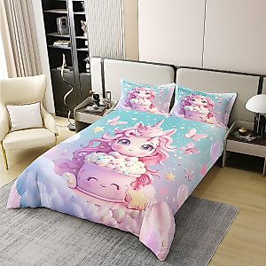 2 Pieces Unicorn Cream Duvet Cover 100% Nature Cotton Twin,3D Kawaii Animal Watercolor Sweet Comforter Cover with Zipper Closure,Dreamy Sky Butterfly Star Super Soft Bedding (Not Comforter)