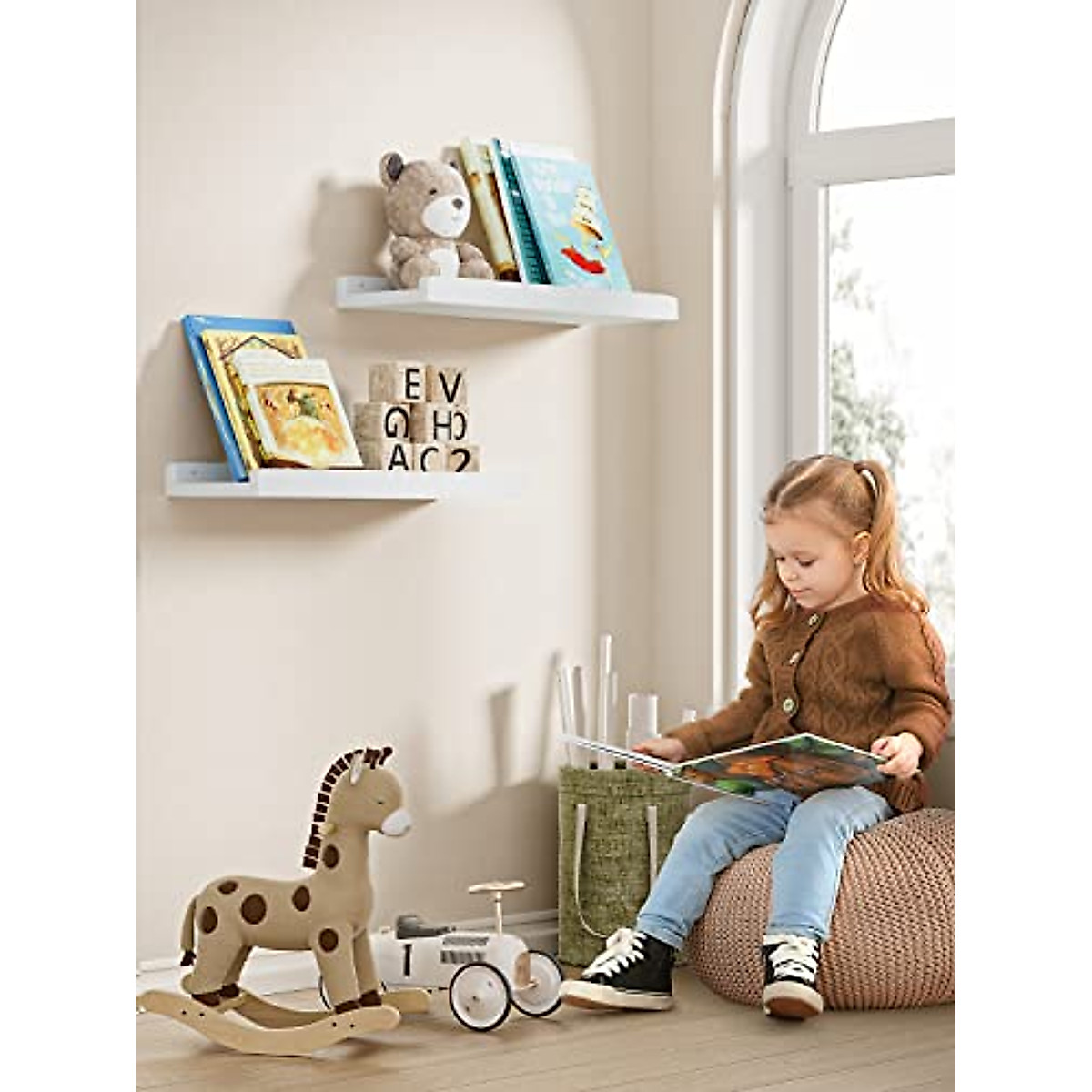 AMADA HOMEFURNISHING Floating Shelves, Wood Hanging Wall Shelves for Storage, Wall Mounted Shelves for Bathroom, Living Room, Kitchen, Bedroom, Office, Wall Shelf Set of 2, AMFS25W