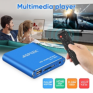 HDMI Media Player with One More AV Cable, Blue Mini 1080p Full-HD Ultra HDMI MP4 Player for -MKV/RM/ MP4 / AVI etc- HDD USB Flash Drive/HDD and SD Card