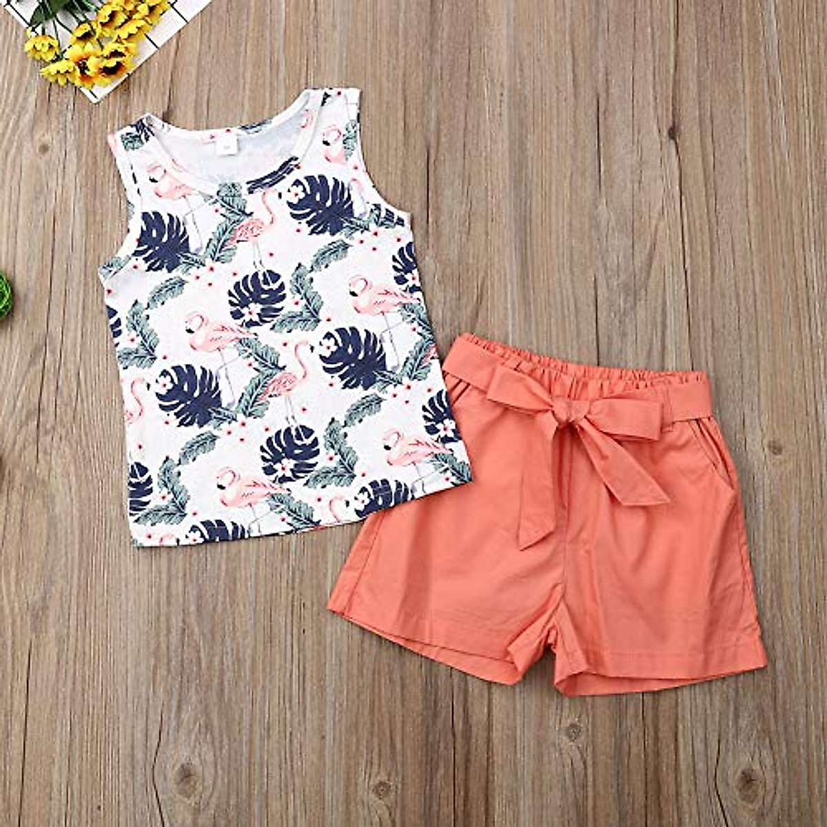 2Pcs/Set Fashion Toddler Kids Baby Girl Sleeveless T-Shirt Top+Floral Denim Shorts Outfits (Flamingo+Orange, 6-7 Years)