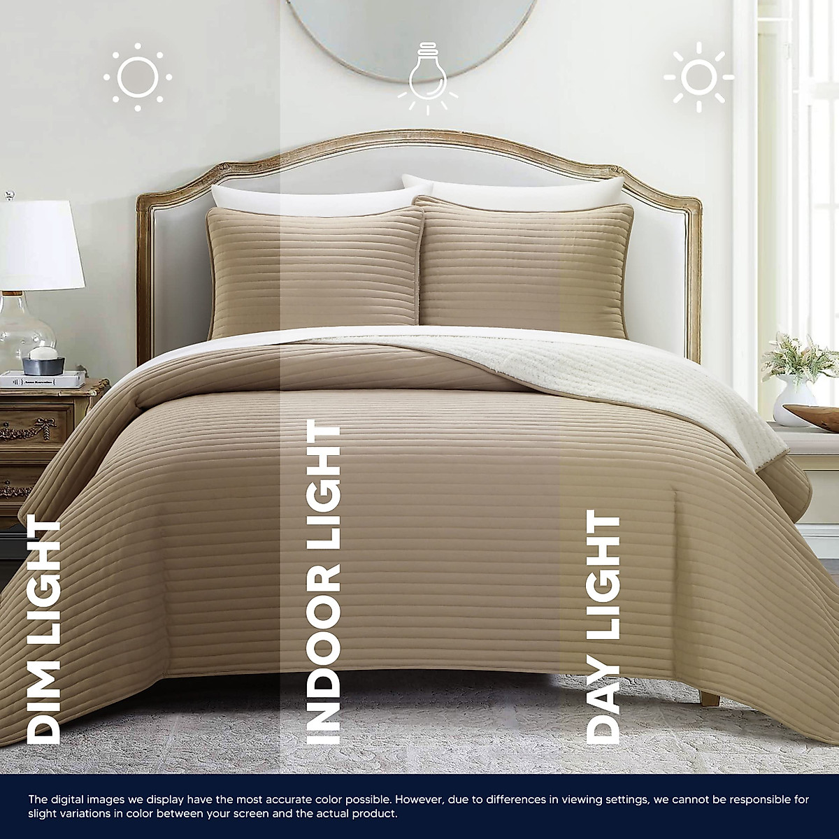 Chic Home St Paul 3 Piece Quilt Set Contemporary Striped Design Sherpa Lined Bedding - Pillow Shams Included, King, Taupe