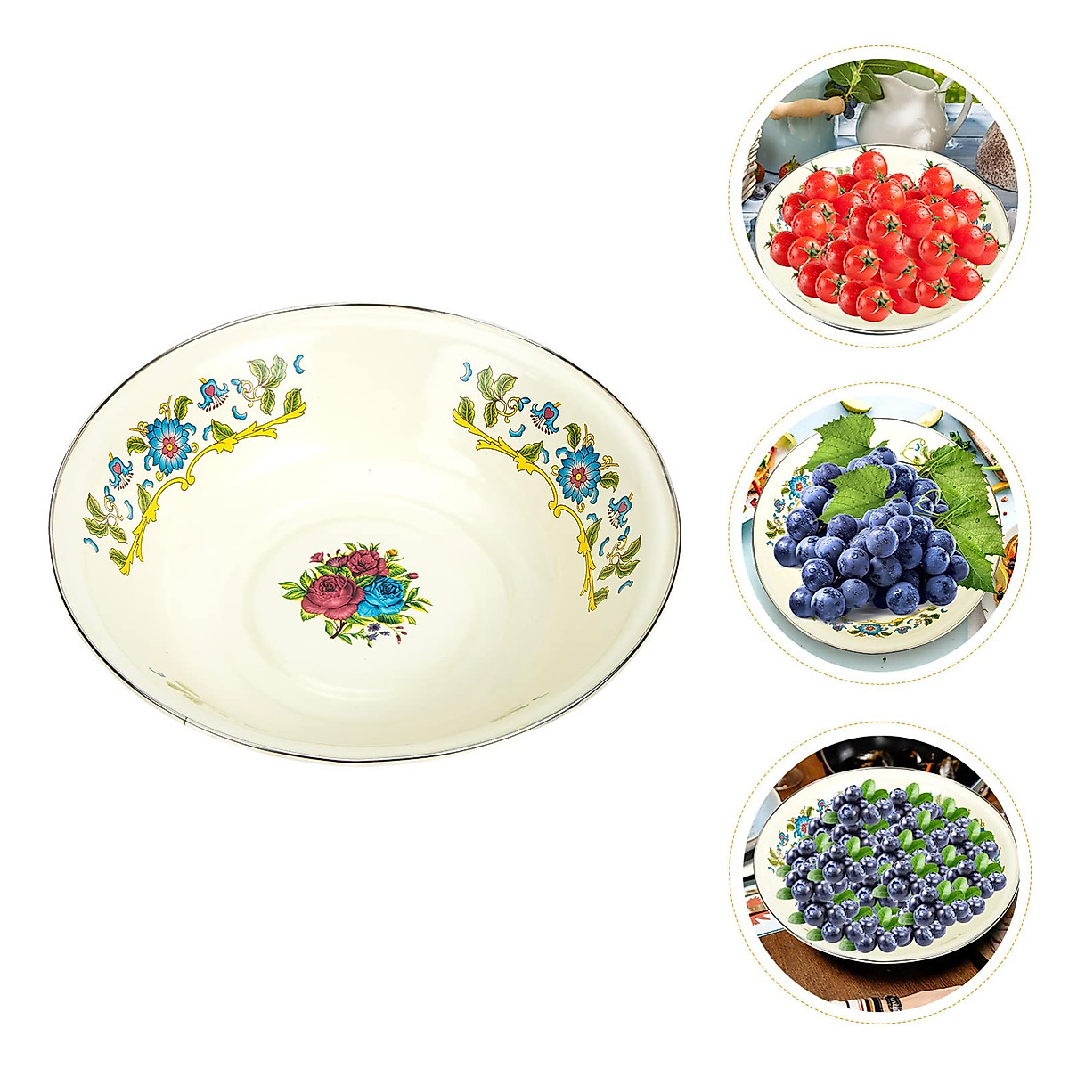 DOITOOL Enamel Plates Enamel Mixing Bowl Vintage Flower Large Salad Bowl Enamelware Washing Basin Chinese Style Soup Serving Bowl for Ramen Asian Dishes Cereal Rice Noodle Enamel Bowl