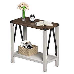ChooChoo Farmhouse End Table for Small Spaces, Narrow Side End Table with Storage Shelf, Rustic A-Design Nightstand Sofa Table for Living Room, Bedroom (White & Brown)