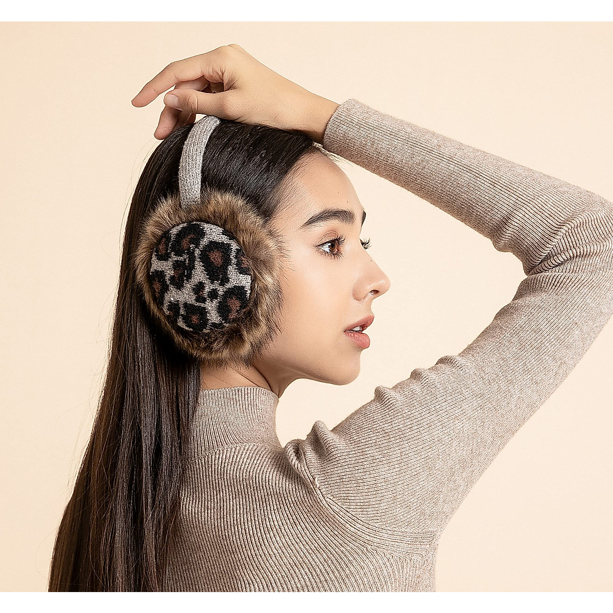 ZLYC Winter Faux Fur Adjustable Earmuffs Cute Knit Fuzzy Ear Muffs for Women Girls (Leopard Gray)