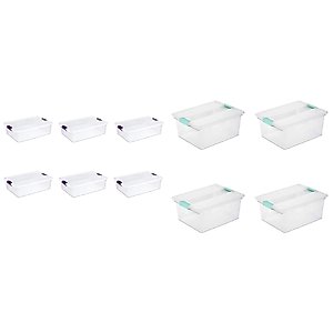 Sterilite 32 Quart/30 Liter ClearView Latch Box, Clear with Sweet Plum Latches, 6-Pack & Deep Clear Plastic Stackable Storage Container Bin Box Tote with Clear Latching Lid Organizing Solution, 4 Pack