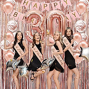 30th Birthday Decorations for Women, Rose Gold 30 Birthday Decorations for Her, Happy 30th Birthday Banner, Crown, Sash, Cake Topper and Number Balloon, 30th Birthday Party Supplies for Women