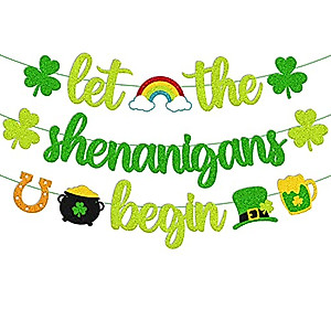 St Patrick Day Banner Let the Shenanigans Begin Banner Irish Day Party Decoration Glitter Green Three Leaf Clover Shamrock Garland for St Patrick Decor Lucky Themed Birthday Engagement Baby Shower Bachelorette Party Anniversary Celebration Supplies