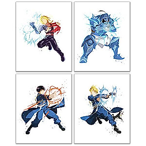 Fullmetal Alchemist Poster Prints - Set of 4 (8x10) Watercolor Minimalist Brotherhood FMA Shonen Anime Fanart Wall Art Decor - Edward Elric - Alphonse Elric - Roy Mustang - Riza Hawkeye