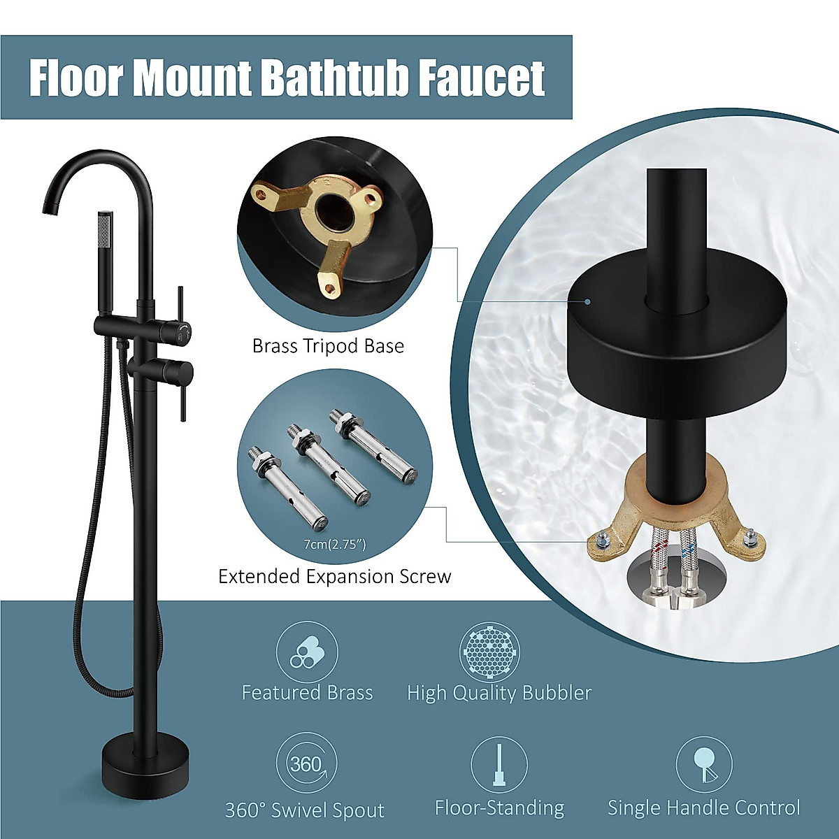 Aolemi Floor Mount Bathtub Faucet Freestanding Tub Filler Standing High Flow Shower Faucets Shower Mixer Taps Swivel Gooseneck Spout with Cylinder Handheld Matte Black