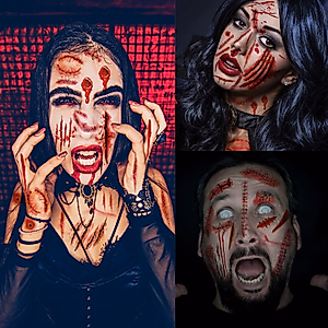 265 PCS 40 Sheets Fake Scars Temporary Tattoos, Horror Realistic Wound Stitch Face Body Makeup Zombie Sticker, Cosplay Masquerade Prank Scary Halloween Party for Kid Women Men Boys Girls