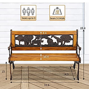 YRLLENSDAN Metal Patio Bench for Kid, 32in Wood Small Outdoor Bench Clearance Cute Children Bench Outside Bench Animals Back Garden Bench for Porch Lawn- Bronze