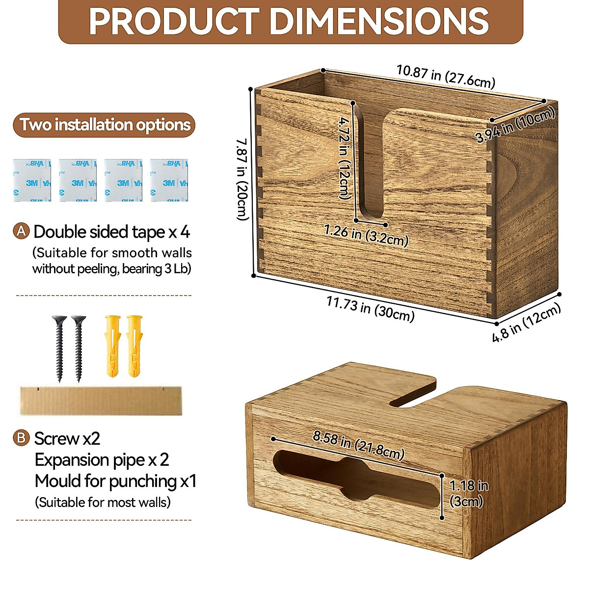 Kirigen Wood Wall Mounted Paper Towel Dispenser CZH-DBR- Dark Brown Paper Towel Holder Countertop for Kitchen Restroom Decor and Bathroom - Holds C Fold, Z Fold, Trifold Hand Tissue Napkins