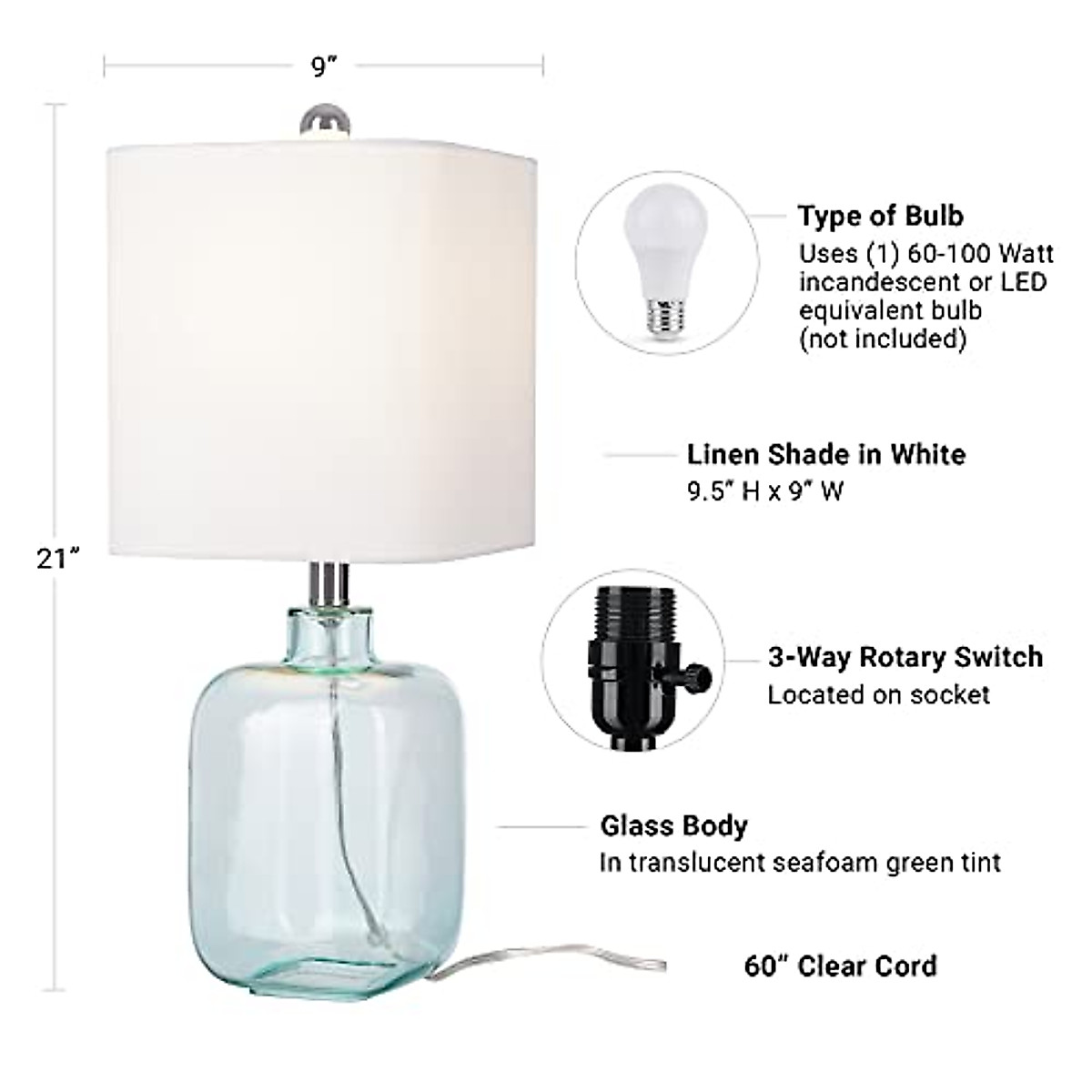 Catalina 23102-001 Coastal Translucent Glass Table Lamp with Linen Shade, 21", Sea Foam Green
