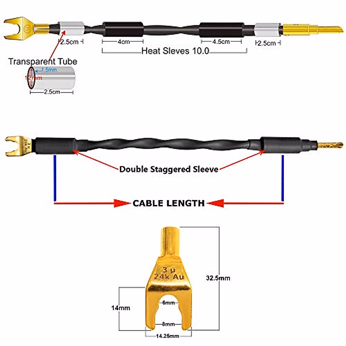 4 Units - 6 Inch - Canare 4S11 – Audiophile Grade - 11AWG - HiFi Speaker Jumper Cable Terminated with Gold Banana to Spade Connectors