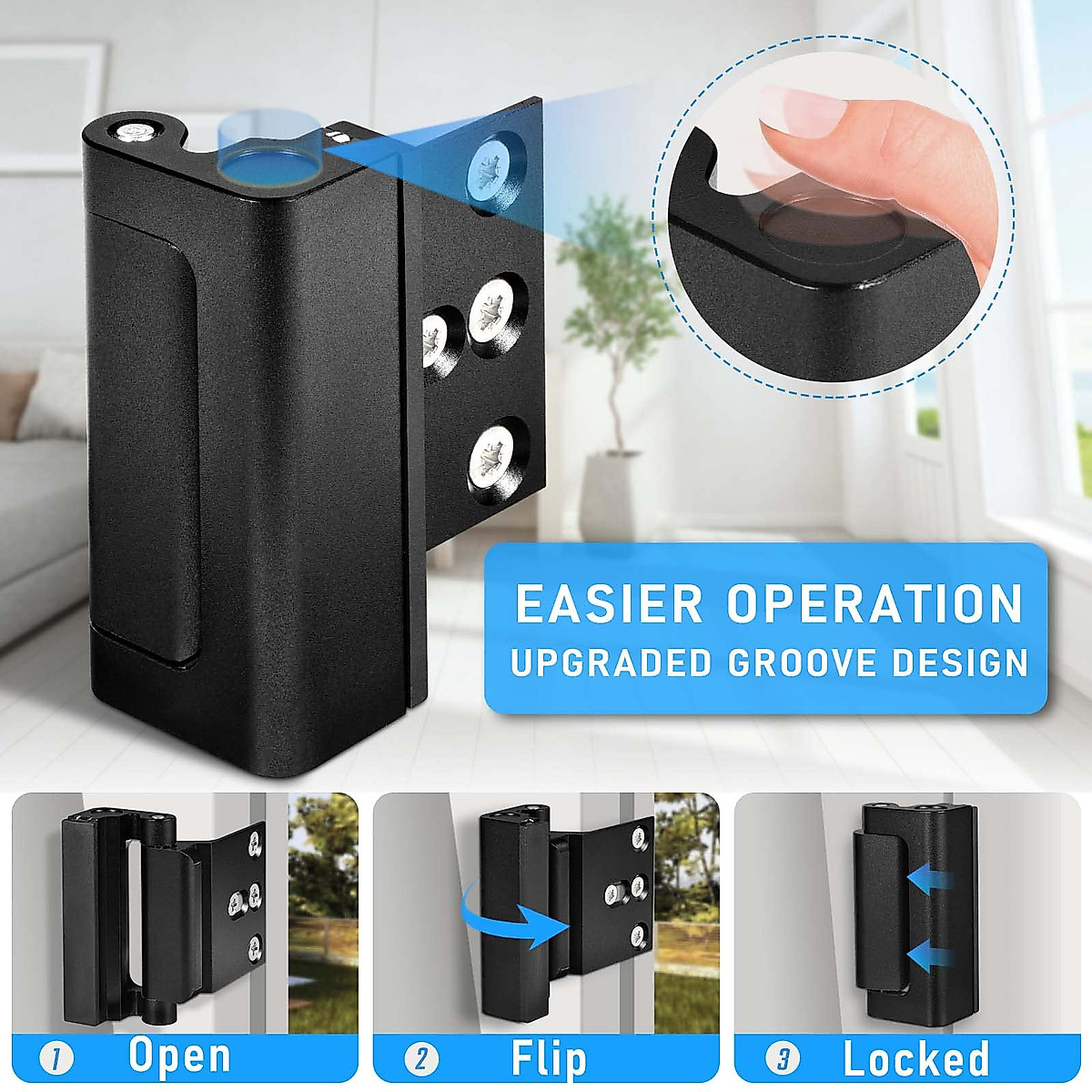 Steinwhale 3Pack Home Security Door Reinforcement Lock, Childproof Safety Door Lock Latch Inside Stopper, Add High Security to Prevent Home Unauthorized Entry, Aluminum Construction Finish Black