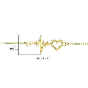 Dainty 14k Yellow Gold Heartbeat Bracelet, 7.5" Adjustable to 8"