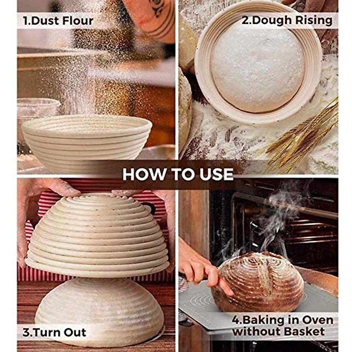 Sumshy Proofing Basket Round 25 x 8 cm Wicker Proofing Basket for 1000 g Bread Dough Lined Including Linen Inserts