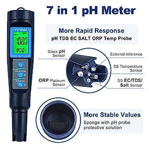 YINMIK 7 in 1 Digital pH TDS EC ORP Salt S.G Temp Meter with 15 Pack pH Calibration Buffer Powder