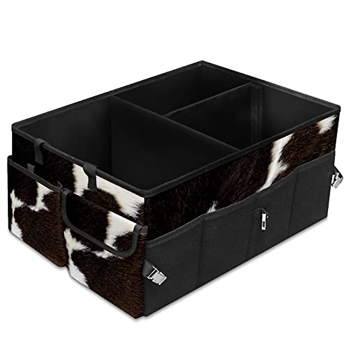 GACTIVITY Black And White Cowhide Car Trunk Organizer,Collapsible Cargo Storage Tote Bag,Non Slip,3 Divider Compartments, Automotive Interior Accessories for Auto SUV Truck Vehicle Picnic Camping