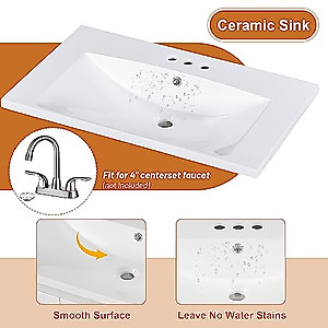 30 Inch Bathroom Vanity Cabinet with Ceramic Sink, Drawers and Doors, Adjustable Shelf, Solid Wood Frame, Modern Style