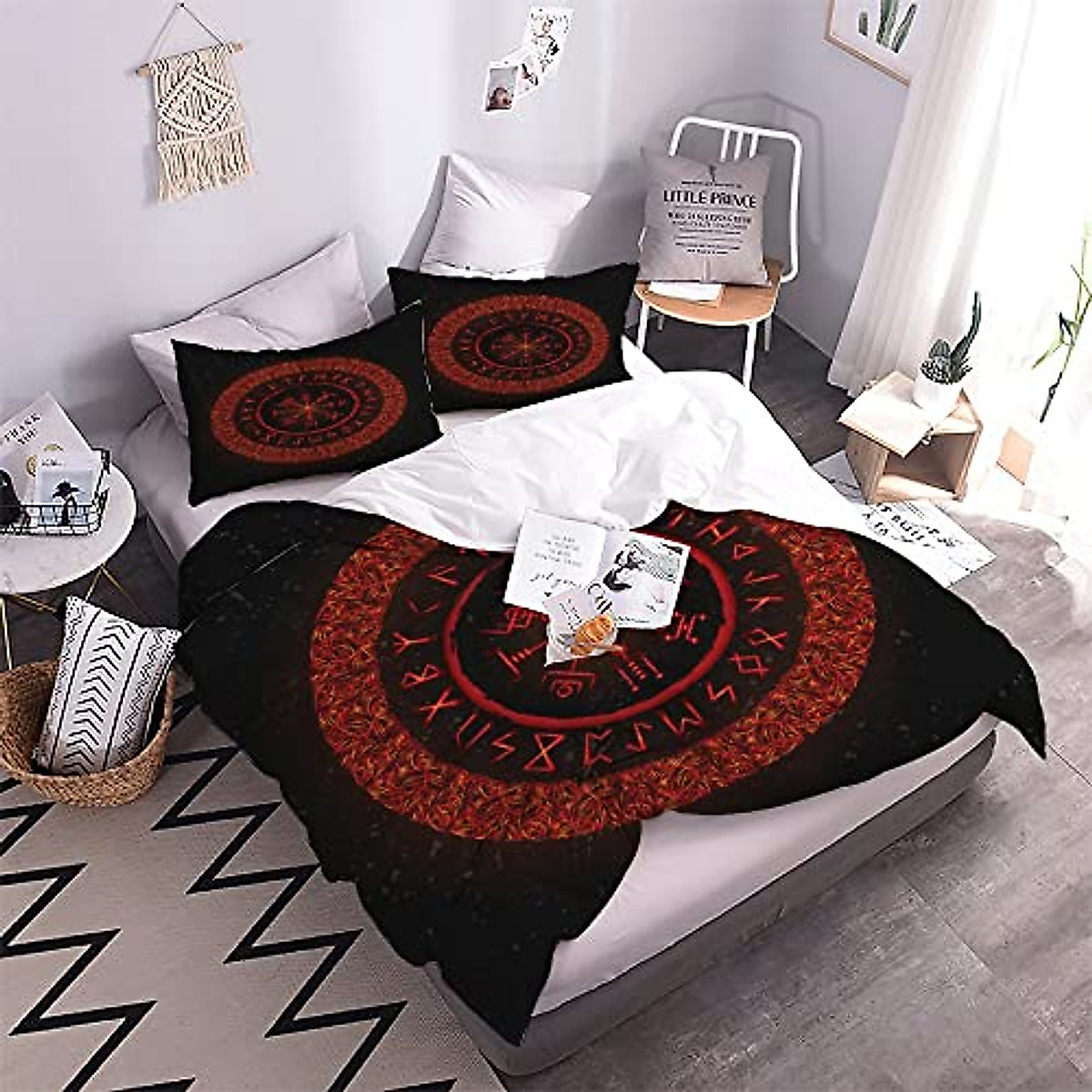 Quilt Cover Queen Size Runes, Symbols 3D Bedding Sets Viking, Nordic Duvet Cover Breathable Hypoallergenic Stain Wrinkle Resistant Microfiber with Zipper Closure,beding Set with 2 Pillowcase