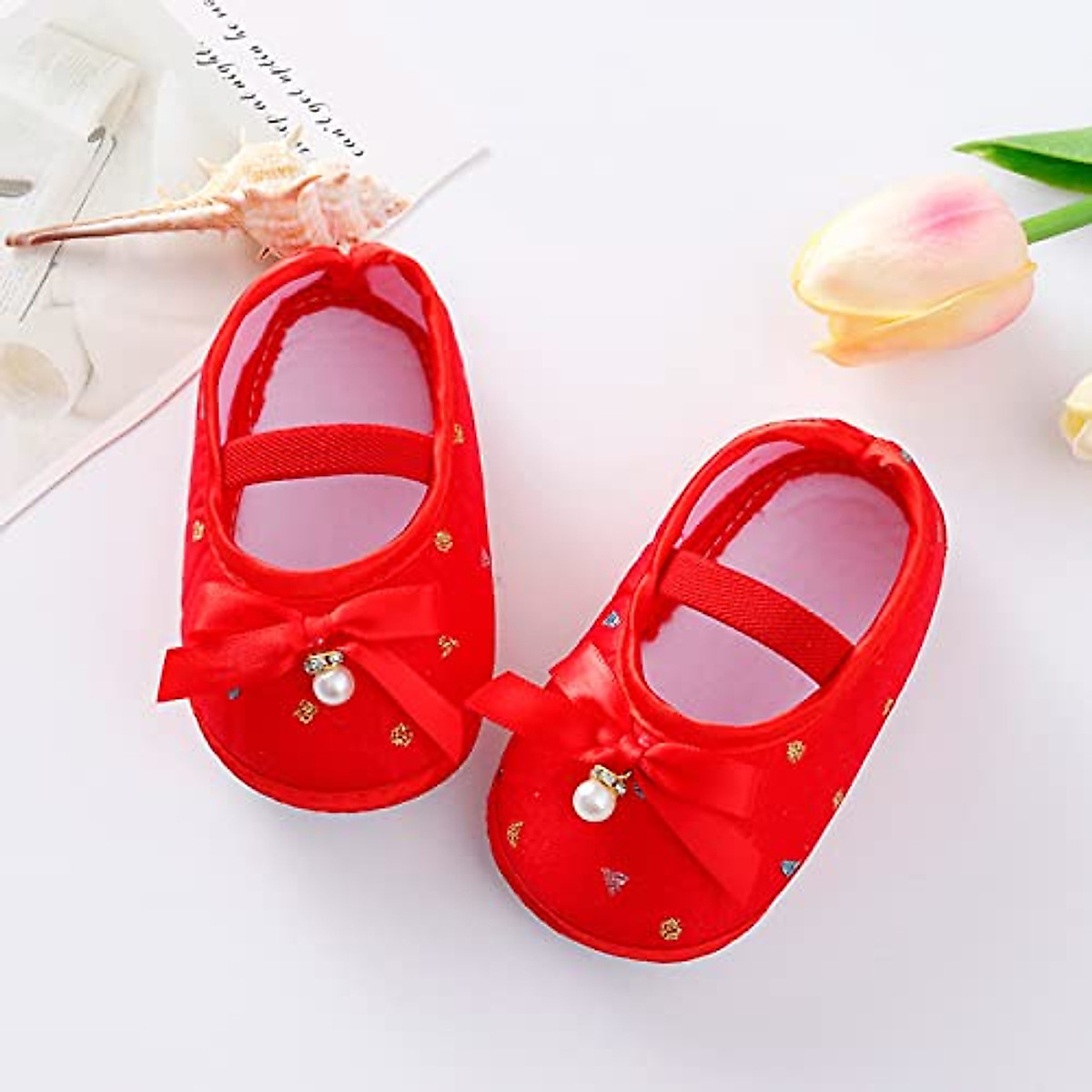 Lykmera Princess Walking Shoes for Baby Girl Pearl Sole Shoes Hanging Bow Sneaker Shoes Walking Shoes for Toddler Baby Girl (Red, 0-3Months)