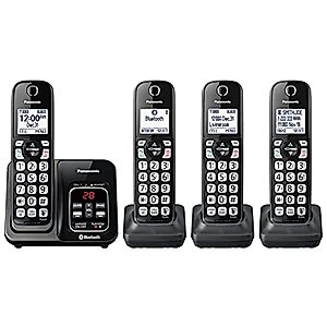 Panasonic Expandable Cordless Phone System with Link2Cell Bluetooth, Voice Assistant, Answering Machine and Call Blocking - 4 Cordless Handsets - KX-TGD664M (Metallic Black)