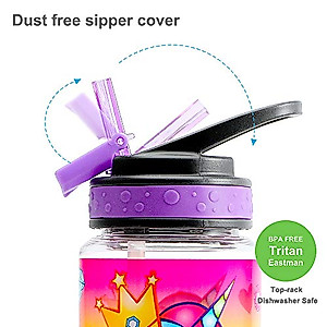 HomTune Cute Water Bottle with Straw for School Kids Girls, BPA FREE Tritan & Leak Proof & Easy Clean & Carry Handle, 23oz/ 680ml - Unicorn