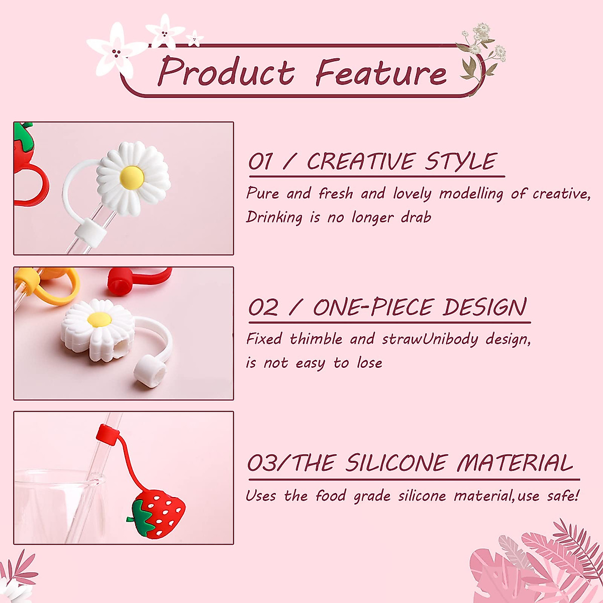 6 PCS Straw Covers Cap with 6 Reusable Drinking Straws,6-8mm Cute Flowers Fruit Straw Toppers for Normal Cup Silicone Straw Tip Covers Kawaii Drinking Dust-Proof Straw Plugs