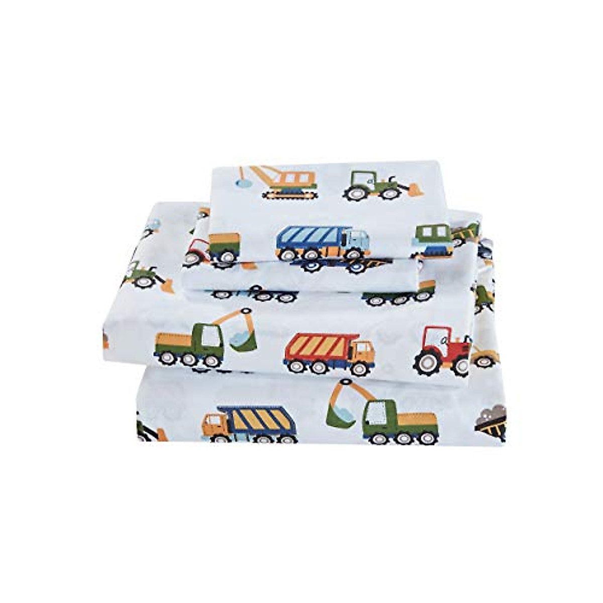 Fancy Linen Crib Sheet Set Flat Fitted and Pillow Case Set for Boys/Girls Multi Color (Under Construction Zone Excavators Dumping Trucks Tractors Light Blue Red Yellow Dark Blue)