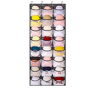 SJEhome Hat Rack Cap Organizer, 24 Deep Mesh Pockets Hat Storage & Ballcap Display Holder for Wall or Door, Over The Door Hat Racks, Hat Storage with Door Hooks,Gray