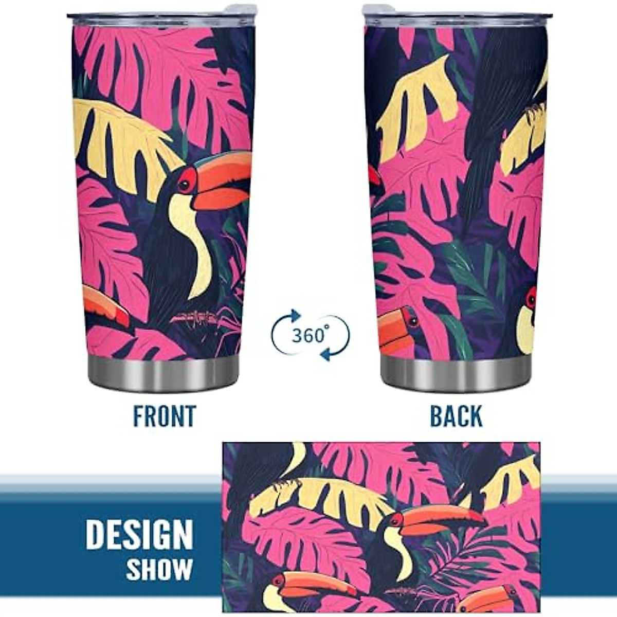 QWEUIOP 20oz Insulated Travel Coffee Mug Toucan Pattern Summer Stainless Steel Tumbler with Lid Double Wall Vacuum Coffee Cup For Hot and Cold Drinks14327