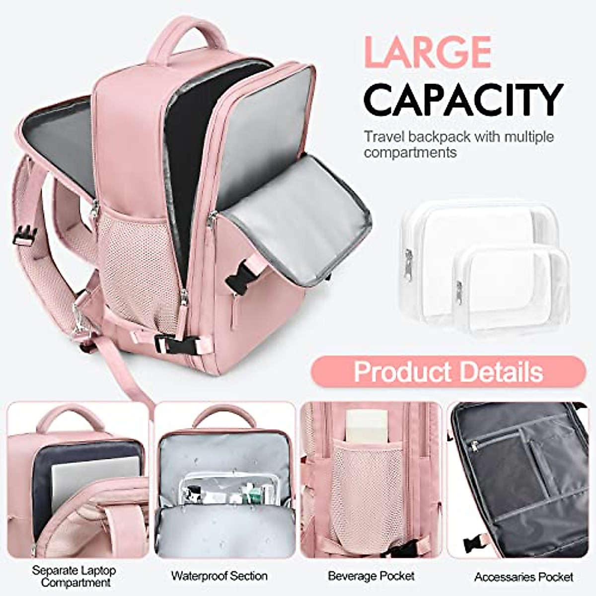 Rinlist Travel Backpack (2 Pieces Pink+Beige), Carry-on Backpack Flight-Approved for Men Women