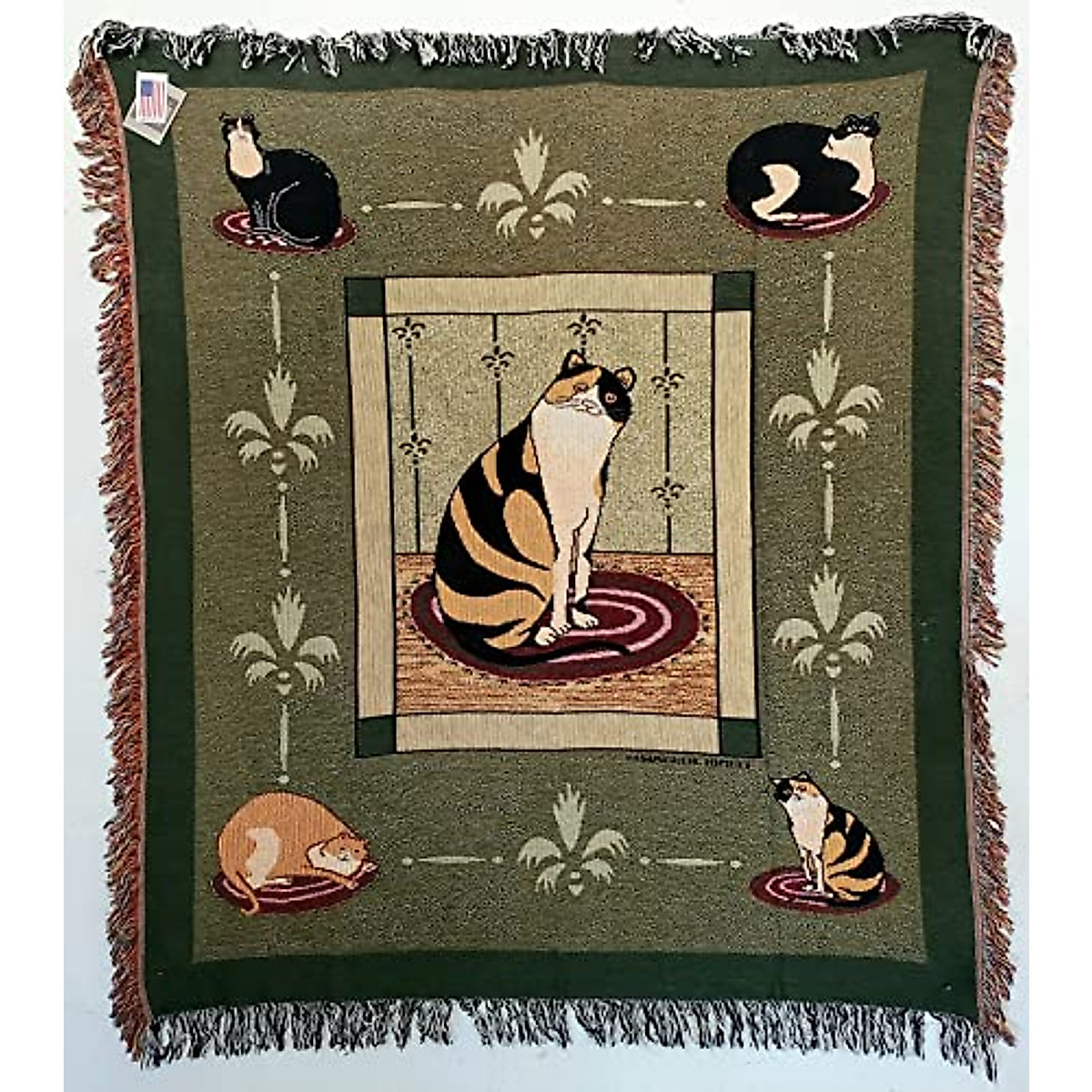 Cat Gallery Giftable Fringed Woven Tapestry Afghan/Throw Blanket or Wall Hanging (51" x 68") 100% Cotton Featuring Fat Cat/Black&White Cat/Orange&Black Tiger Cat/Ginger & White Cat -Made in The USA