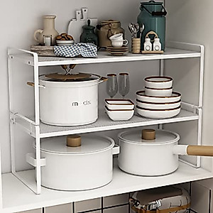 Ymeibe 2 Pack Cabinet Shelf Mesh Storage Organizer Stackable Countertop Racks for Kitchen Pantry Cupboard Under Sink Office Table Coated Heavy Duty Metal Frame Nonslip L16 W8.3 H9.5 (White)