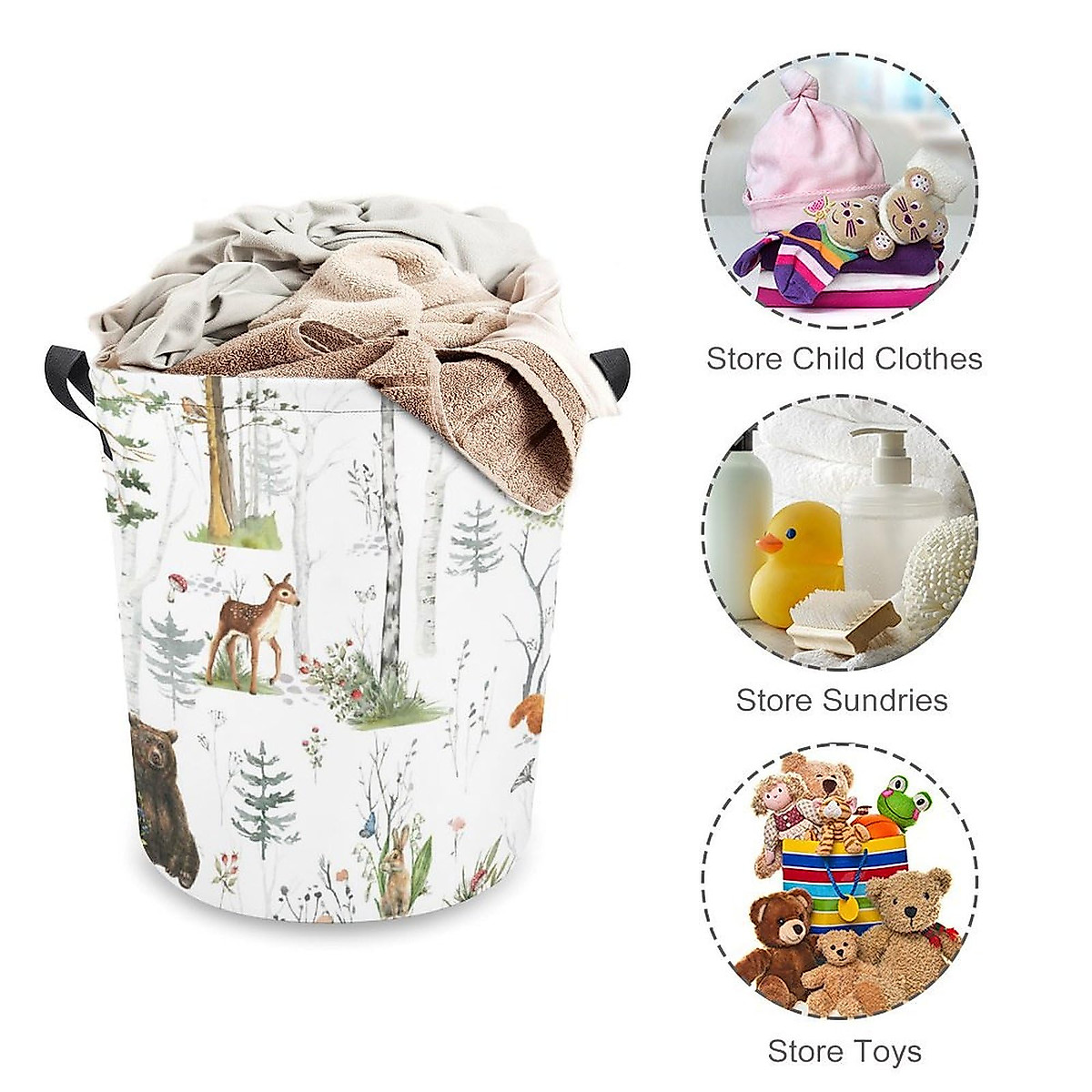 Woodland Animals Laundry Basket,Collapsible Clothes Hamper Waterproof Forest Fox Bear Deer Storage Basket with Handle Kids Room Jungle Deer Laundry Hamper with Drawstring