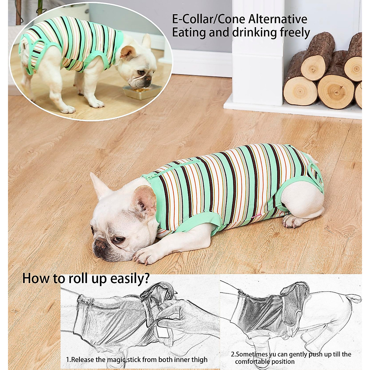 Wabdhaly Dog Surgery Recovery Suit,Surgical Recovery Suit for Small Female Dgos Spay,Zipper Closure,Combed Cotton Breathable Onesie,Multi Green Striped XS