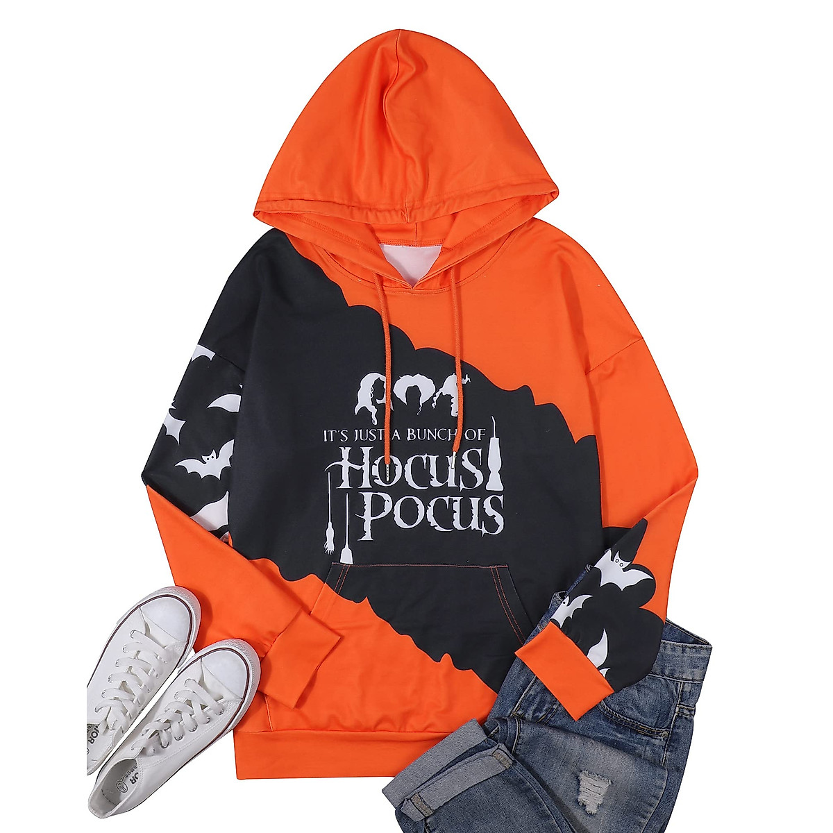 KIDDAD It's Just A Bunch of Hocus Pocus T-Shirt Women Halloween Sanderson Sisters Long Sleeve Crewneck Casual Pullover Tops Black Orange