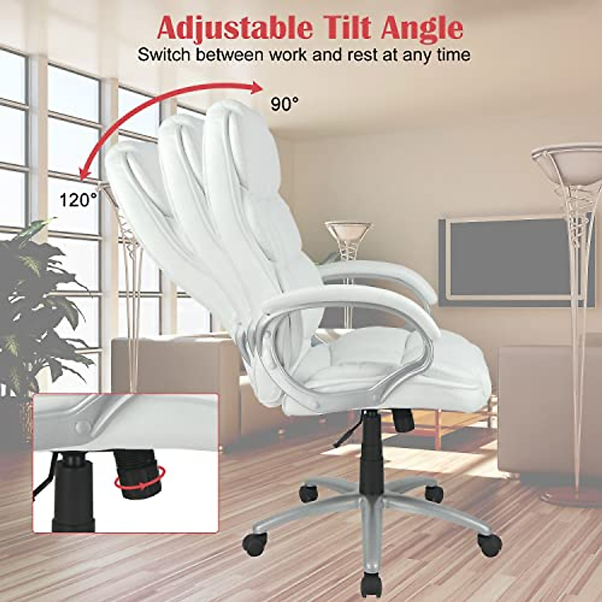 High Back Office Chair with Lumbar Support Office Chairs, PU Leather Executive Office Chair, Ergonomic Computer Swivel Task Desk Chairs with Wheels and Arms, White, 45"-48"