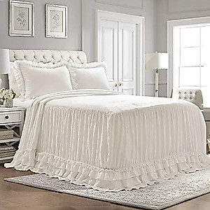 Lush Decor Ella Vintage Chic Ruffle Lace Bedspread White Farmhouse Style Lightweight 3 Piece Set, King