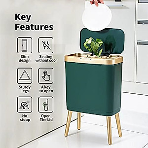 Procade Trash Can with Lid,Small Bathroom Garbage Can with Lid, Plastic Trash Can with Push Button,Narrow Garbage Bin Waste Basket for Bedroom,Living Room, Toilet,Office,Kitchen,4 Gal-Gold Edge