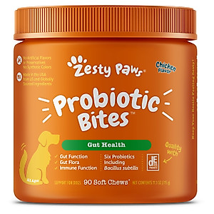 Zesty Paws Probiotics for Dogs - Digestive Enzymes for Gut Flora, Digestive Health, Diarrhea & Bowel Support - Clinically Studied DE111 - Dog Supplement Soft Chew for Pet Immune System - Chicken