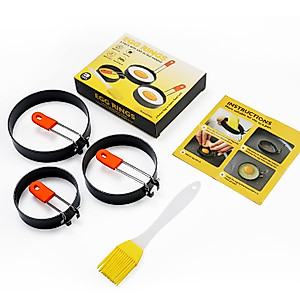 Egg Rings Combo Set 3 Packs in 3 Sises for Frying，Round Egg Rings Mold with Fold-up Stainless Steel Handle and an Oil Brush，Nonstick Leak-Proof and Anti-Scald for Frying Eggs.（3+3.6+4 inch）