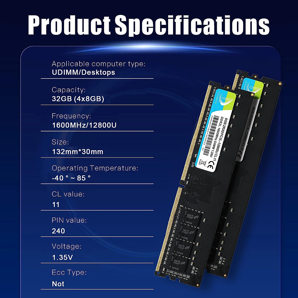 32GB(4X 8GB) DDR3L/DDR3 1600MHz Desktop RAM 32GB PC3L-12800U DIMM RAM PC3 12800 CL11 1.35V/1.5V DDR3-1600 2RX8 240-Pin Unbuffered Non-ECC Upgrade Module Ram Desktop Memory RAM