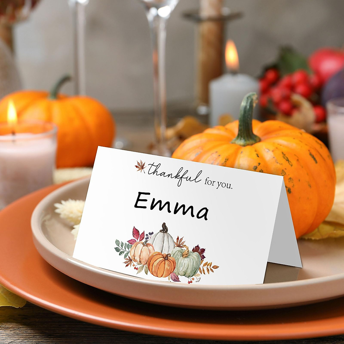 JarThenaAMCS 50Pcs Thanksgiving Table Tent Place Cards Thankful Pumpkin Guest Seating Cards Name Escort Card Folded Seat Assignment Setting Label for Wedding Baby Shower Birthday Party